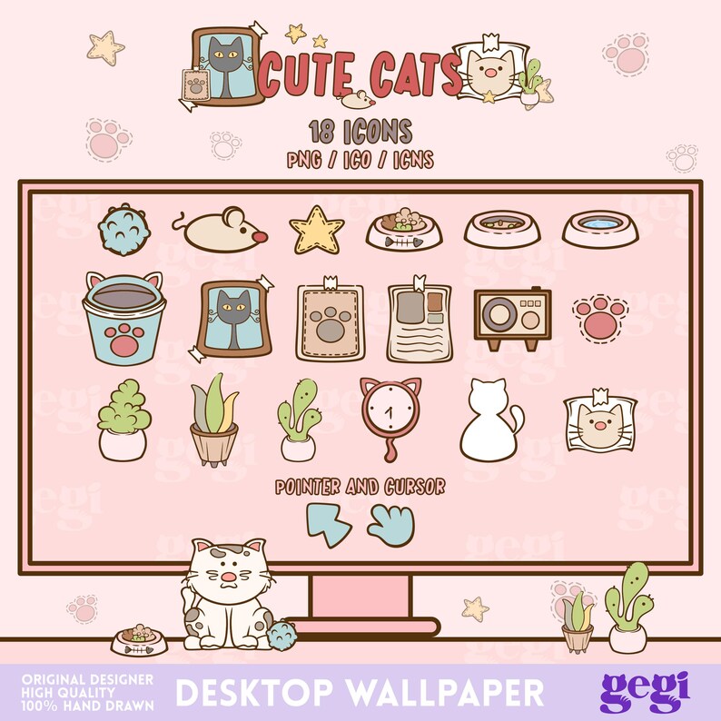 Cute Cats Theme Desktop Background Wallpaper Organizer Set, Computer ...