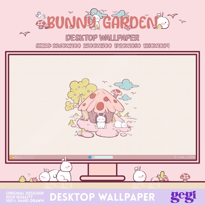 Pink Bunny Garden Theme Computer Desktop Background Wallpaper Organizer ...