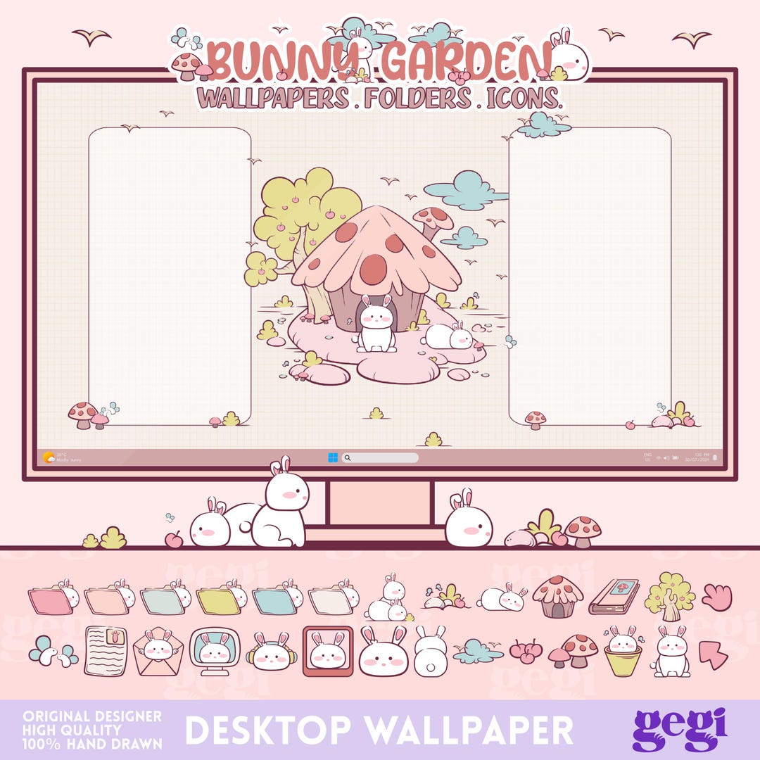 Pink Bunny Garden Theme Computer Desktop Background Wallpaper Organizer ...