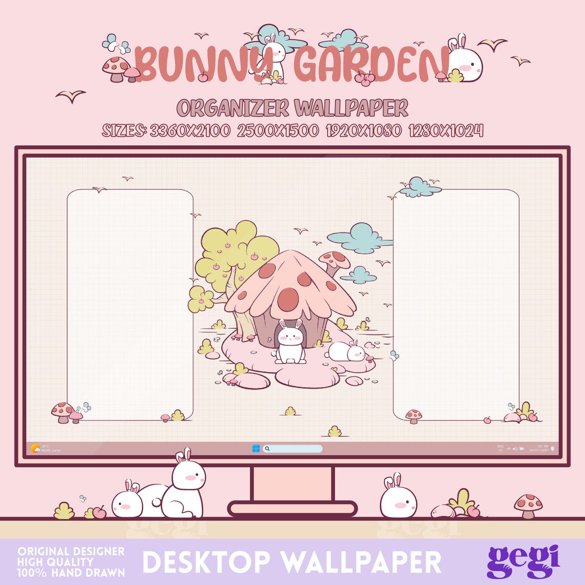 Pink Bunny Garden Theme Computer Desktop Background Wallpaper Organizer ...