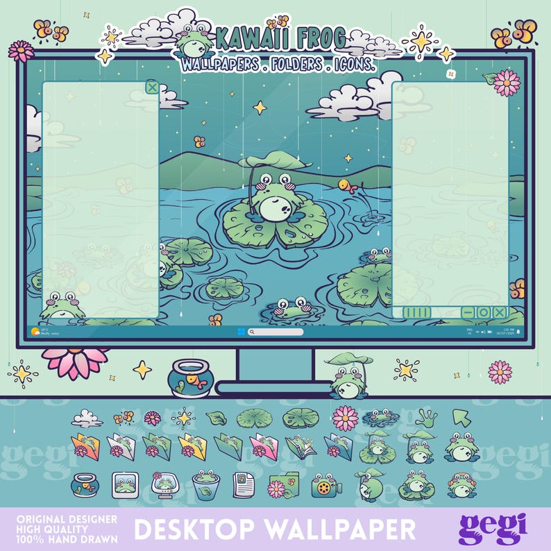 Kawaii Frog Desktop Background Organizer Set, Cozy Rainy Laptop ...