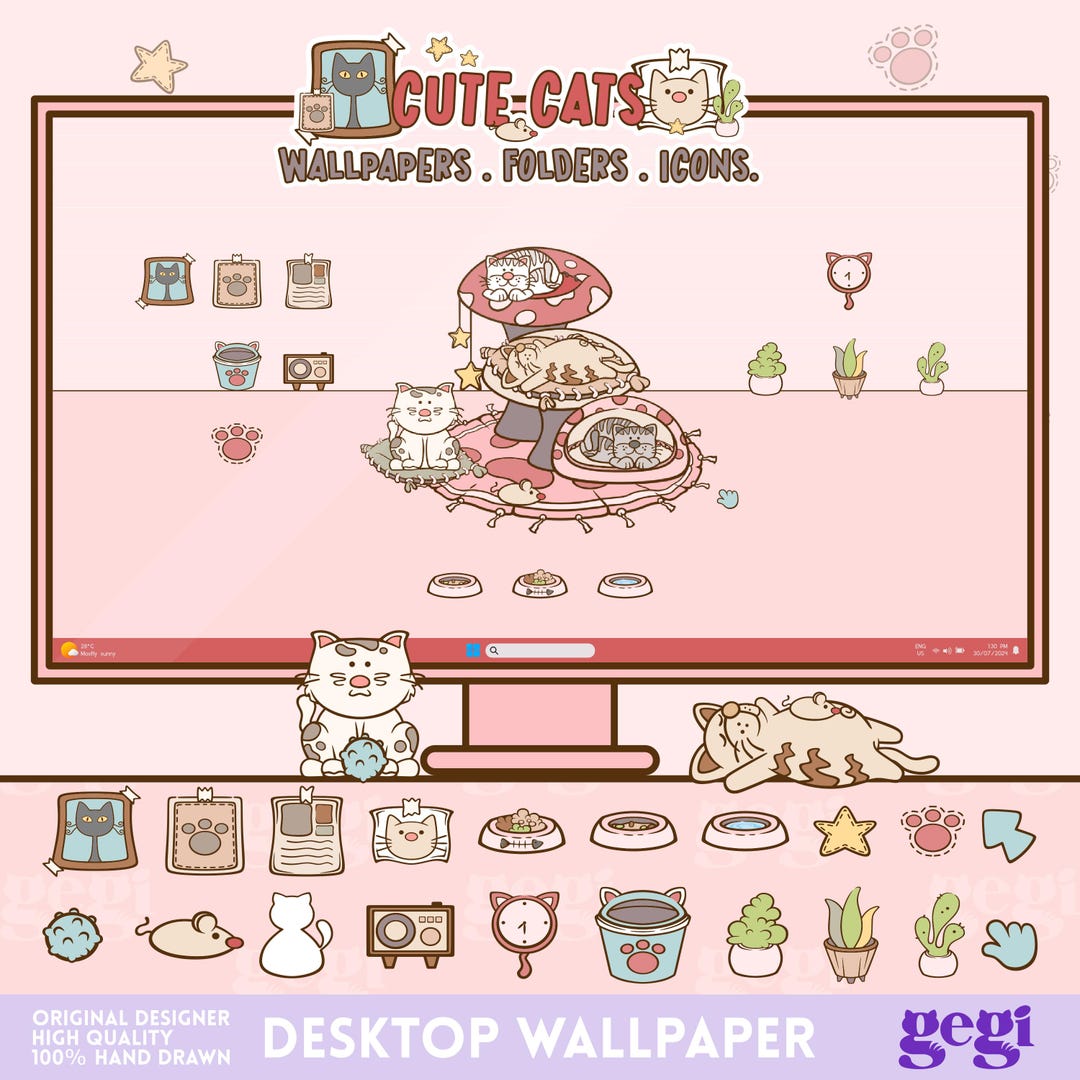 Cute Cats Theme Desktop Background Wallpaper Organizer Set, Computer ...