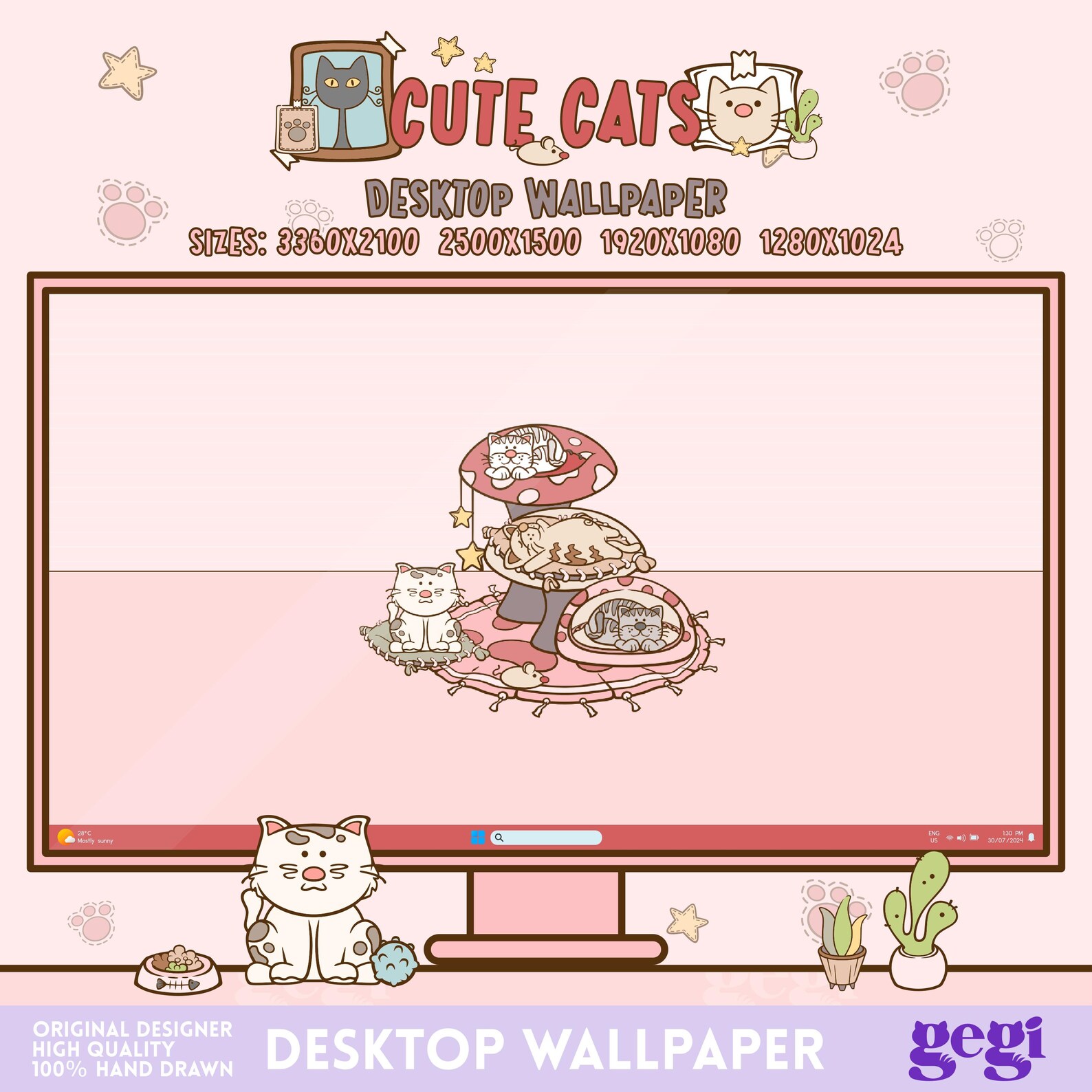 Cute Cats Theme Desktop Background Wallpaper Organizer Set, Computer ...