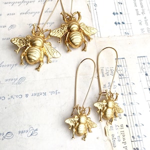 Gold Bee Earrings Long Bumblebee Earrings Gold Bee Jewelry Honeybee Earrings Bee Earrings Brass ...
