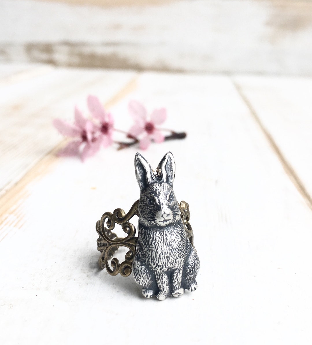 Bunny Rabbit Ring: Adjustable Filigree Band, Easter Jewelry - Etsy