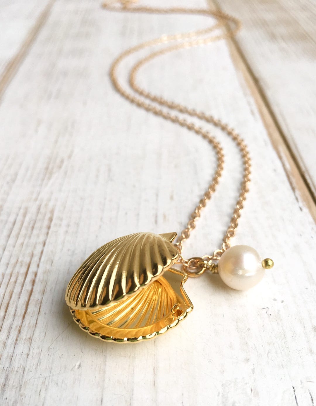 Gold Shell Locket Necklace Seashell Necklace Freshwater Pearl Necklace ...