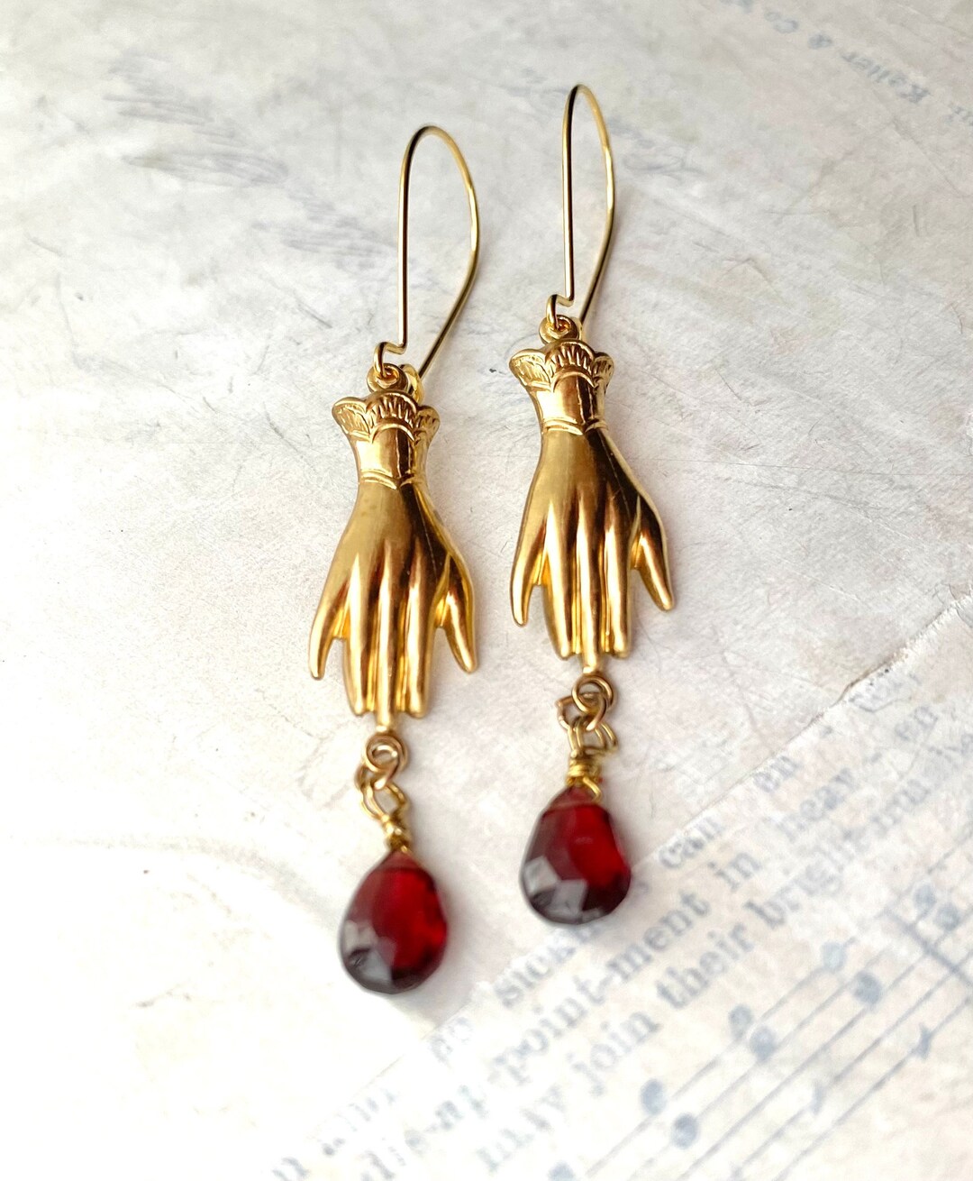 Gold Hand Red Gemstone Earrings Whimsical Bohemian Victorian ...