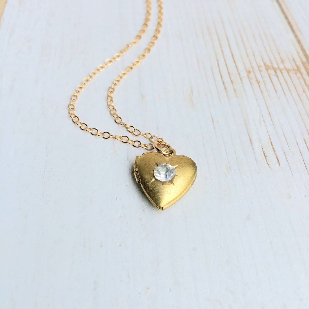 Gold Heart Locket Necklace Tiny Gold Heart Rhinestone Brass Heart - Etsy