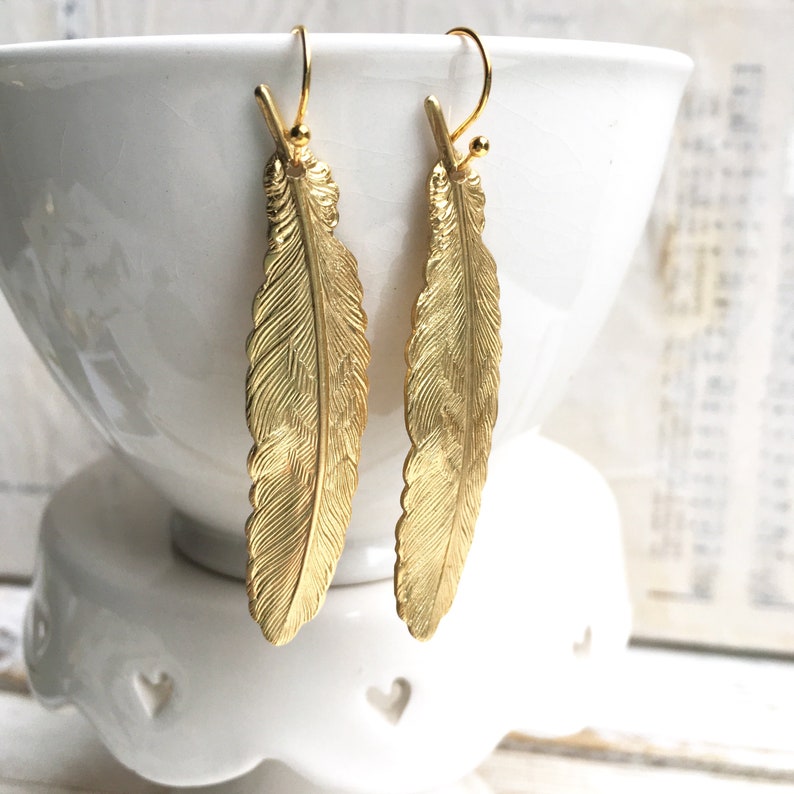 Gold FEATHER EARRINGS Woodland Nature Bird Autumn Bohemian - Etsy