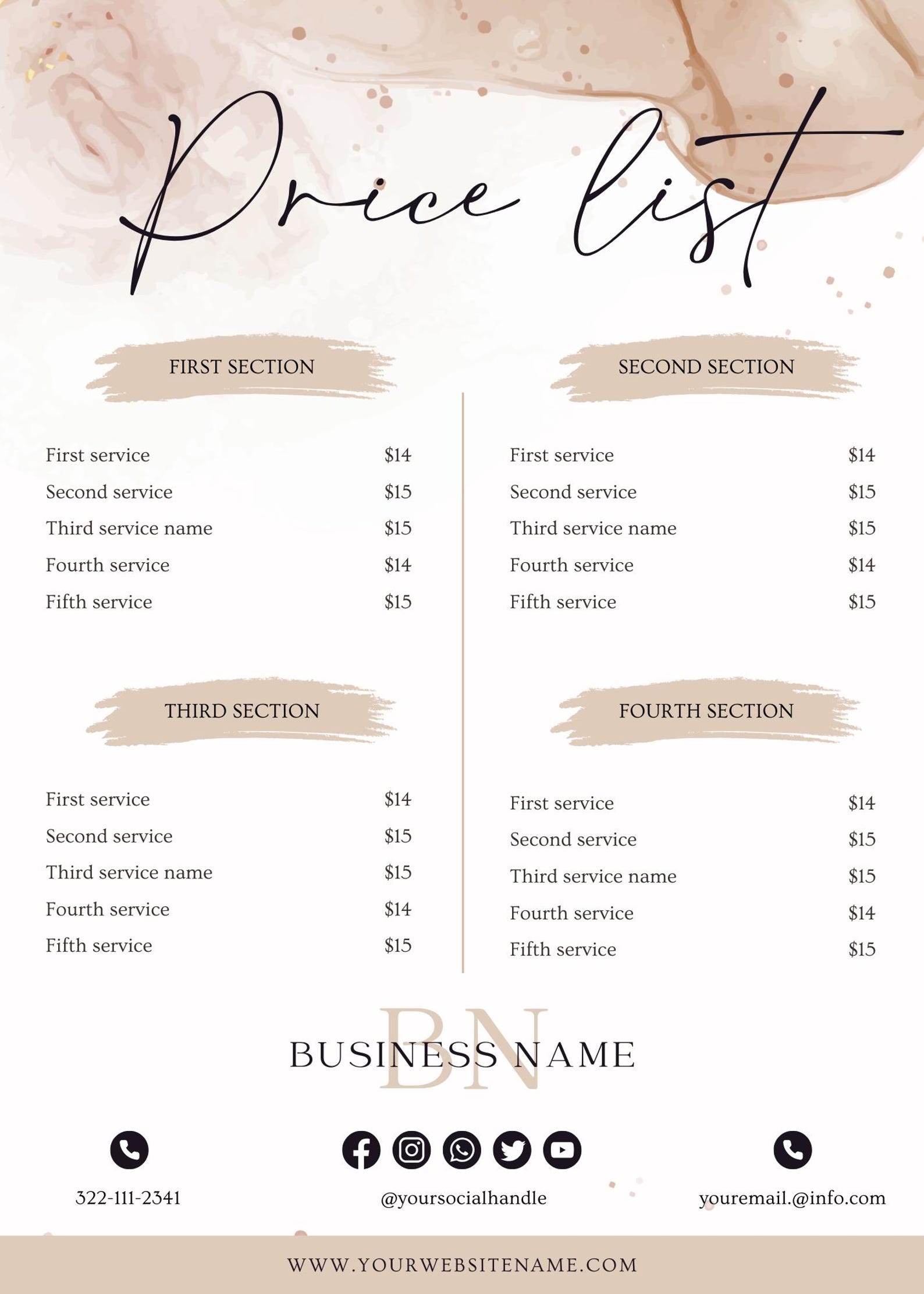 Custom Price List, Price List Template, Price List, Editable Template ...