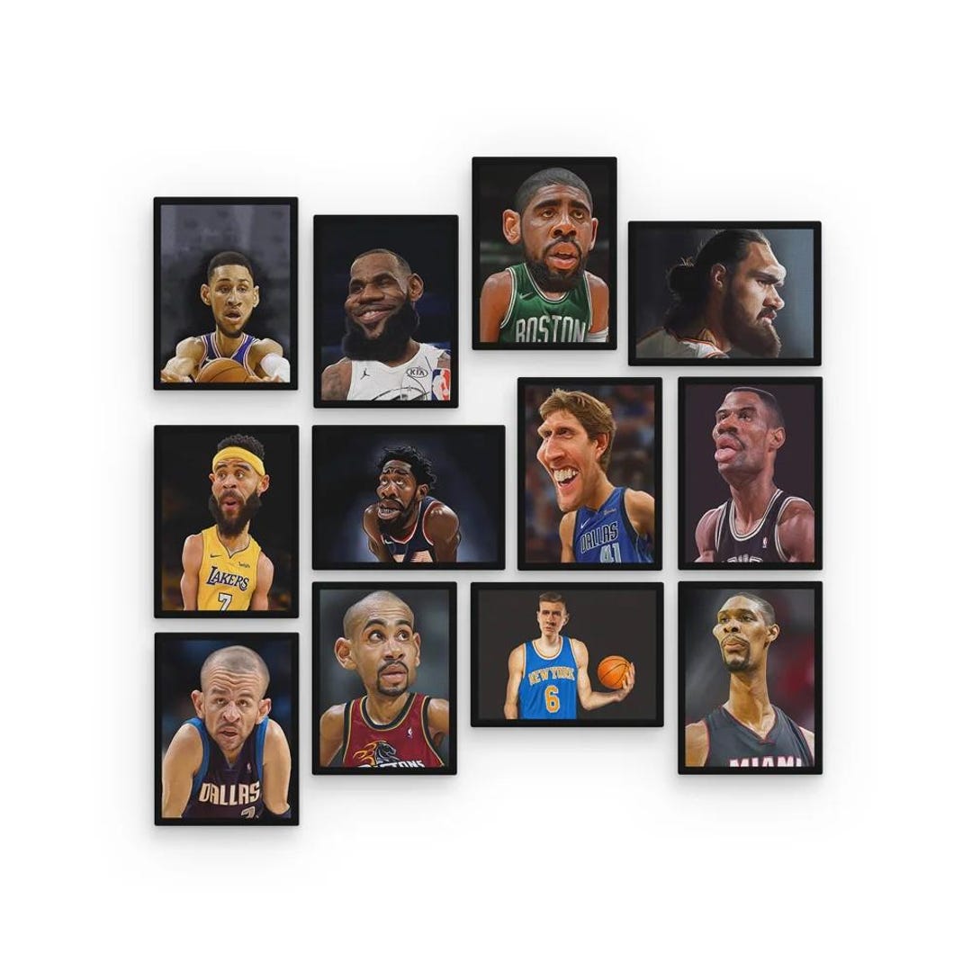 Iconic Basketball Players NBA Caricature Wall Art Collection Set of 12 ...