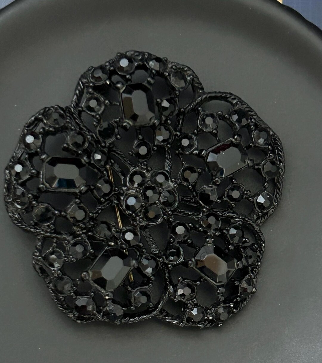 Vintage Black Metal and Jet Rhinestone Filigree Gothic Brooch - Etsy