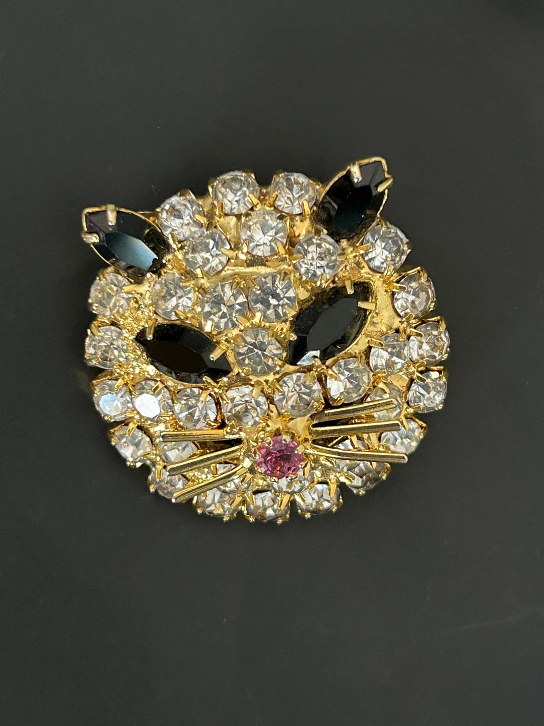 Vintage Icy Cat Face With Diamond and Jet Rhinestone Brooch - Etsy
