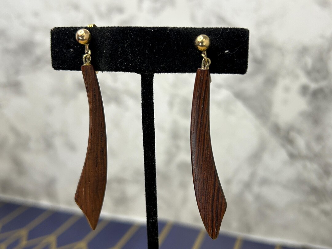 Vintage Geometric Teak Wood Earrings With 12K Gold Filled Clip on ...