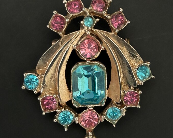 Vintage Art Deco Pink Topaz and Sky Blue Topaz Rhinestone and Gold Tone ...