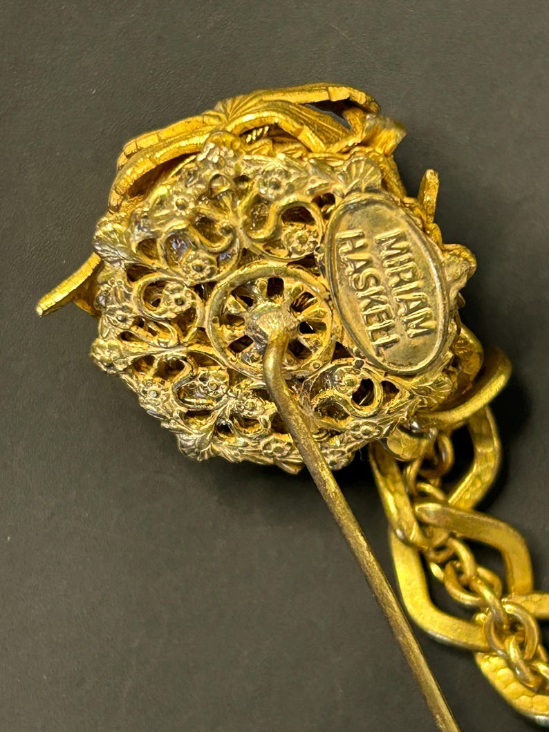 Vintage Signed 1950s Miriam Haskell Flower Cluster Chain Lapel Stem Pin ...