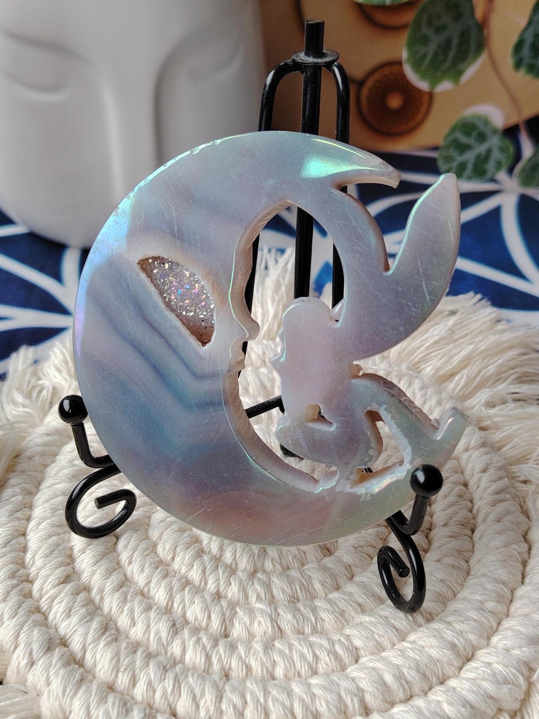 Enchanting Aura-coated Brazilian Agate Fairy on Moon, 118g Crystal ...