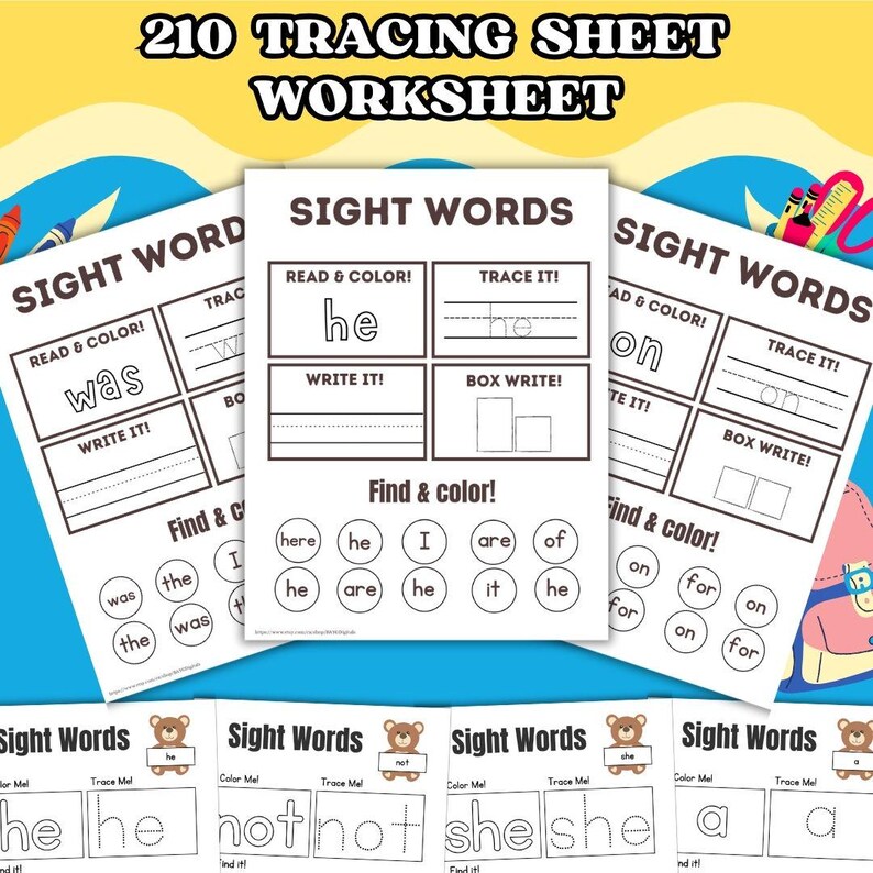 210 Printable Sight Words, Kindergarten Sight Word Worksheets, Toddler ...
