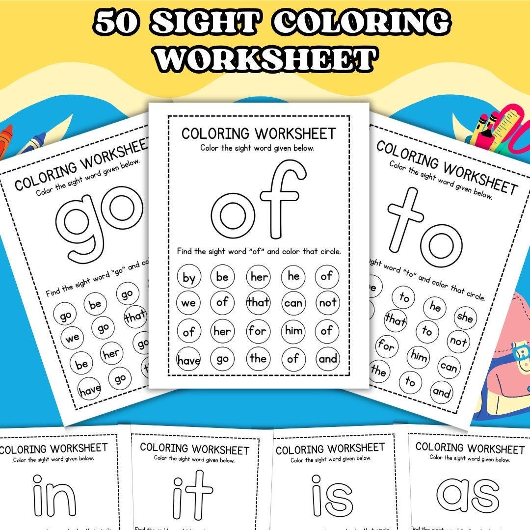 50 Coloring Sight Words, Kindergarten Sight Word Worksheets, Toddler ...