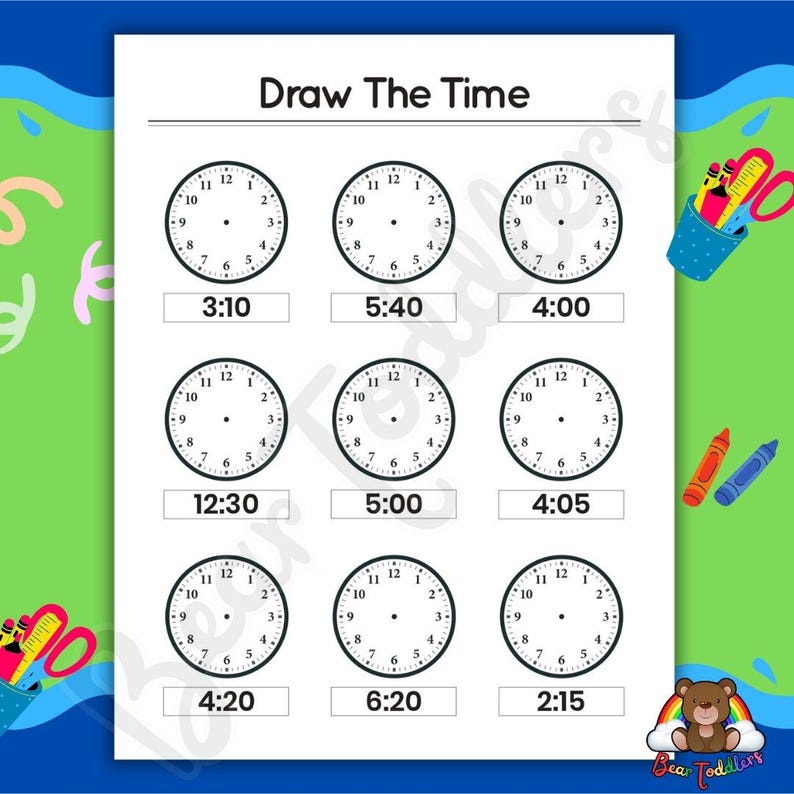 20 DRAW THE TIME Worksheet/ Clock Learning Pages, Learn to Tell Time ...