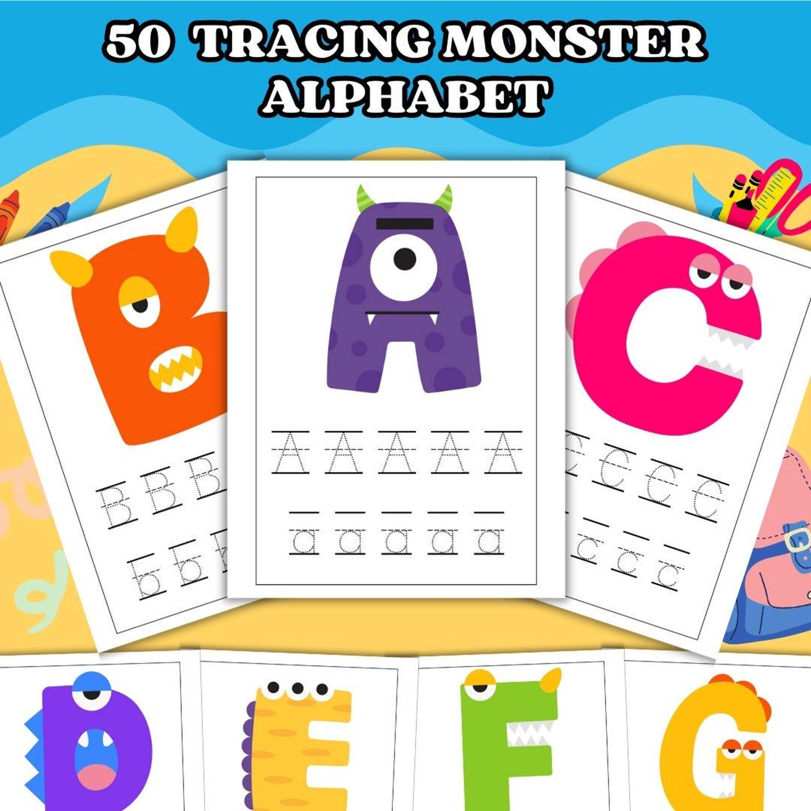 50 Tracing Alphabet Worksheets, Printable Sentences Writing Practice ...