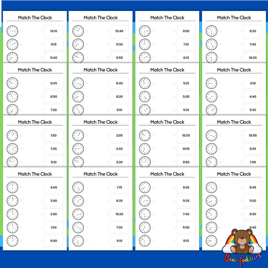 20 MATCH THE CLOCK Worksheet/ Clock Learning Pages, Learn to Tell Time ...