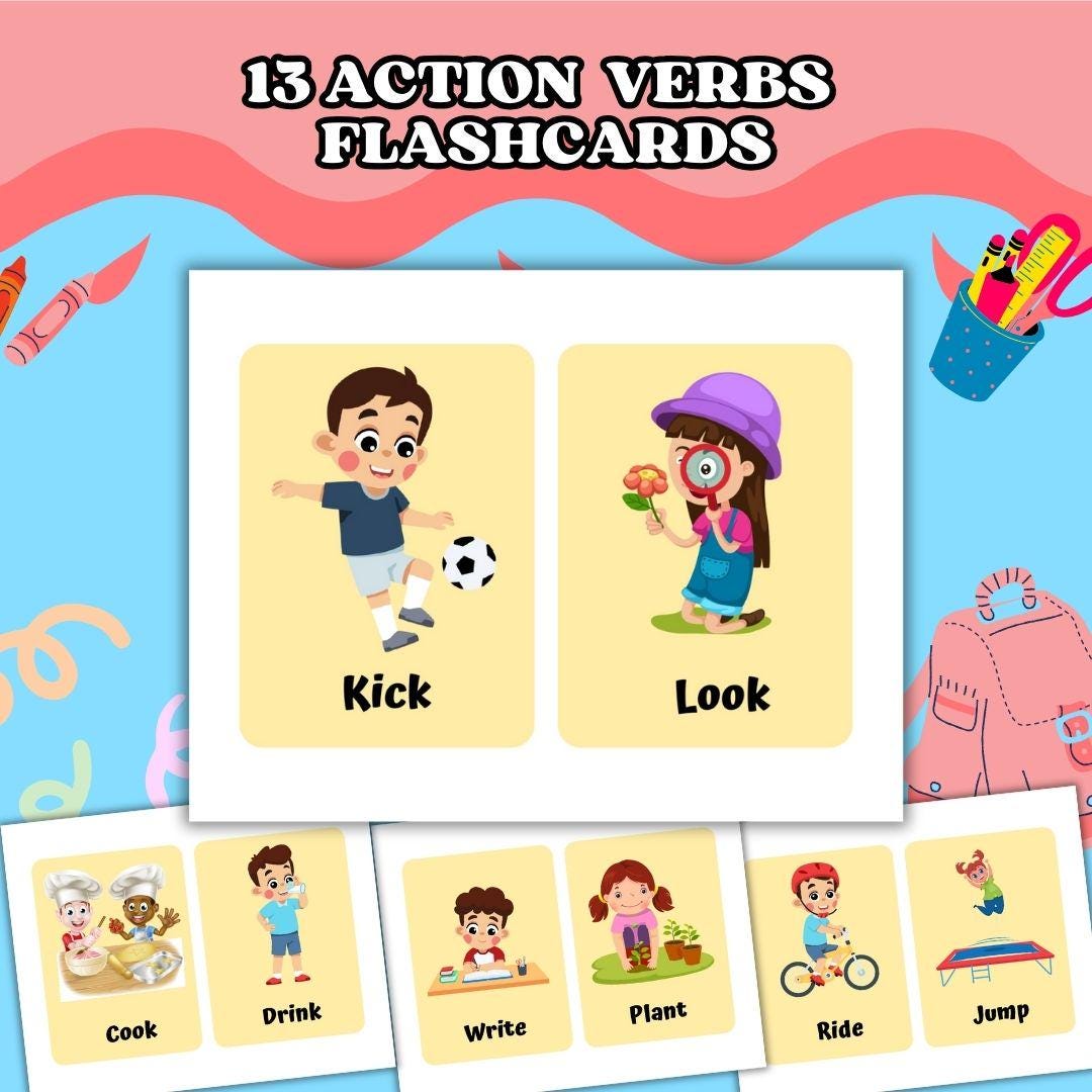 13 ACTION VERBS Flashcards/ Printables Flashcards/ Worksheet for Kids ...