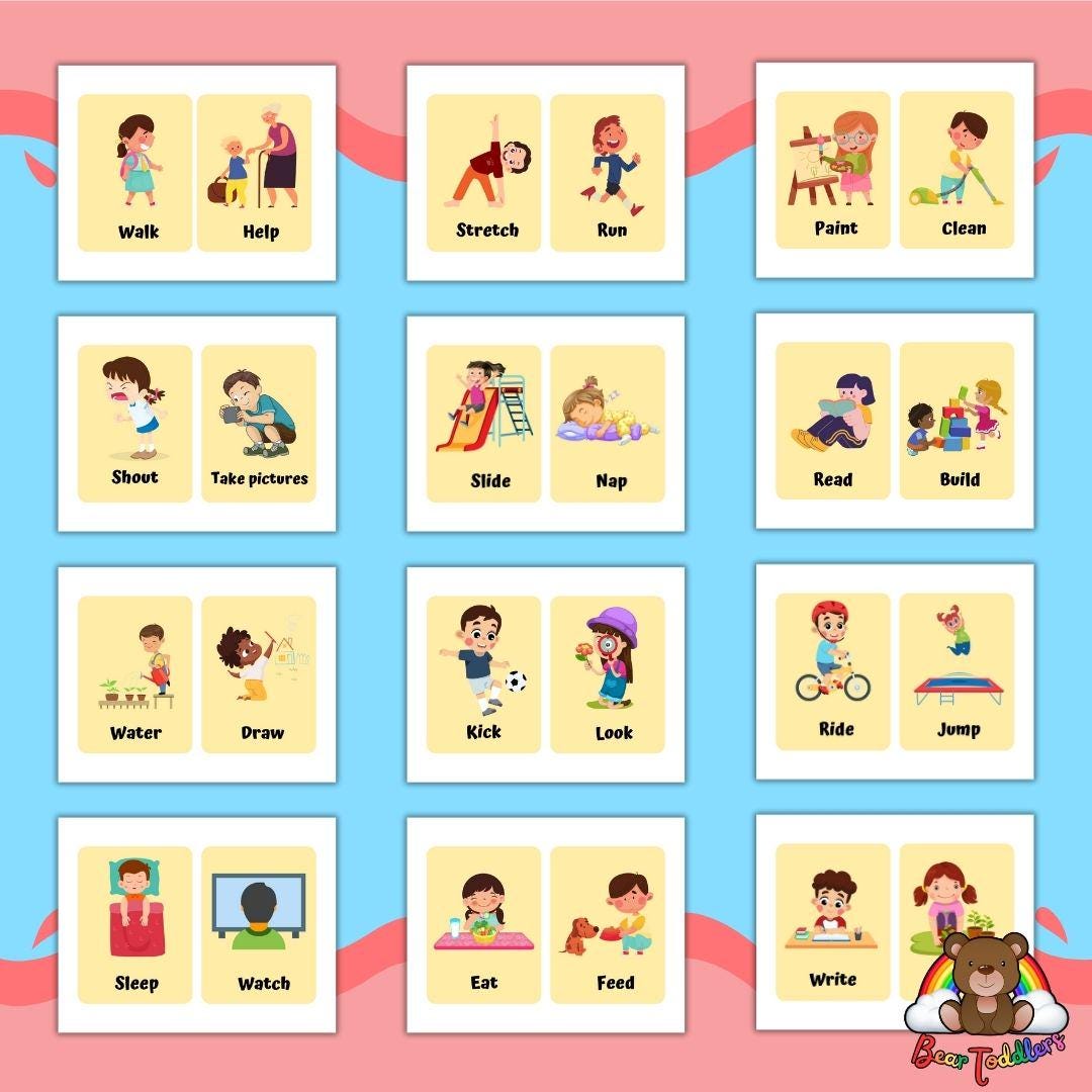 13 ACTION VERBS Flashcards/ Printables Flashcards/ Worksheet for Kids ...
