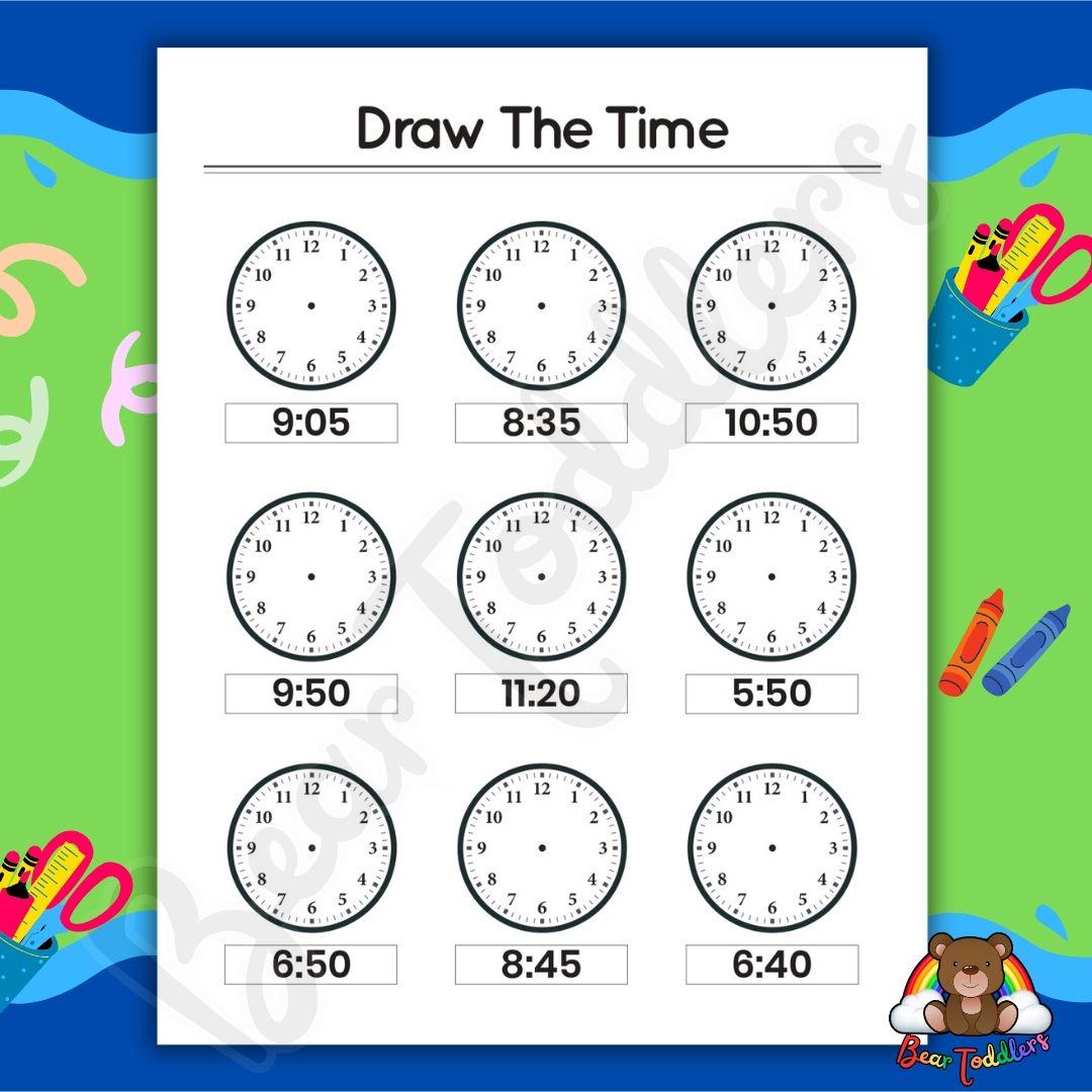 20 DRAW THE TIME Worksheet/ Clock Learning Pages, Learn to Tell Time ...