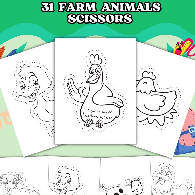 31 Farm Animal Cutting Practice Sheets, Activity Book Kids, Preschool ...