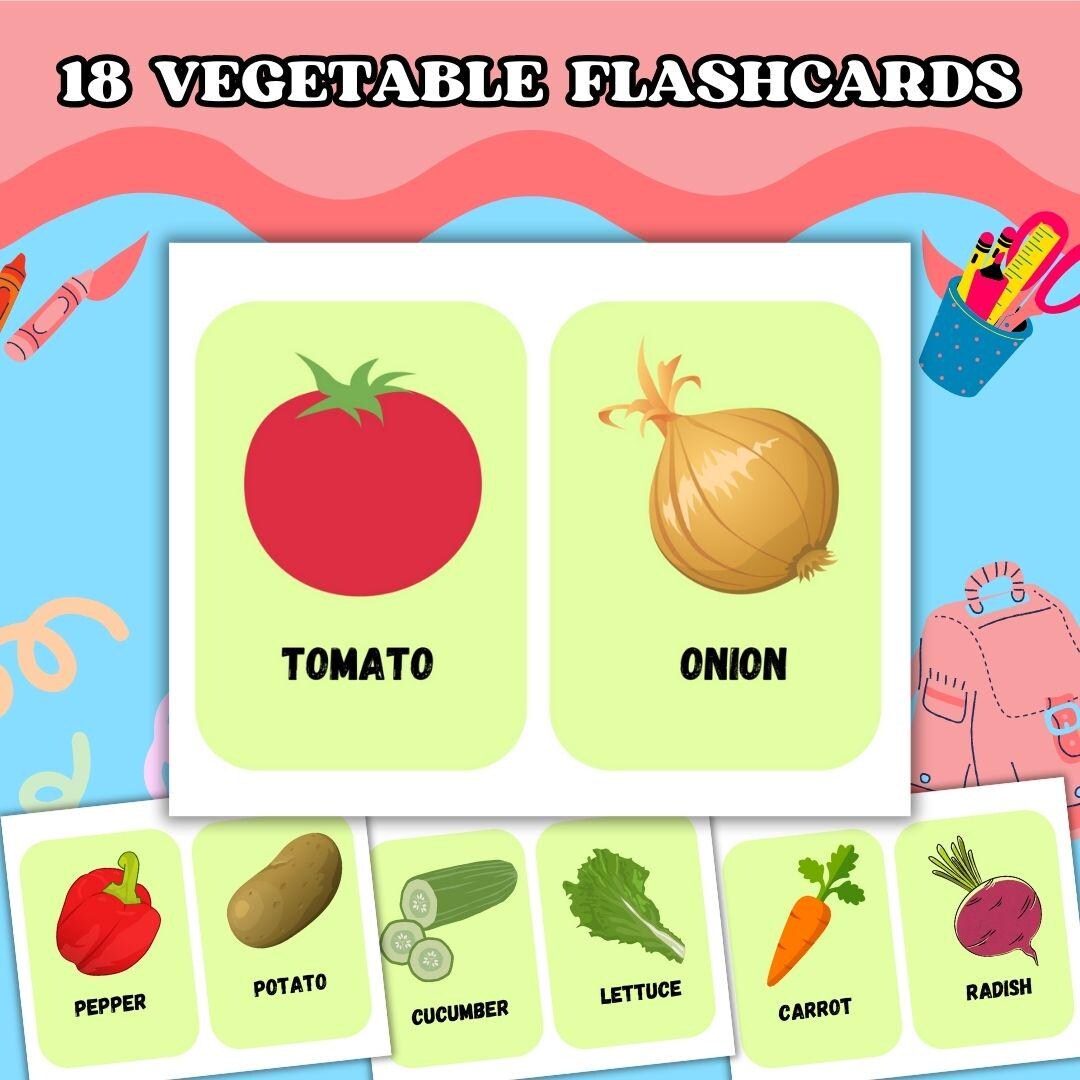 18 VEGETABLES Flashcards/ Printables Flashcards/ Worksheet for Kids ...