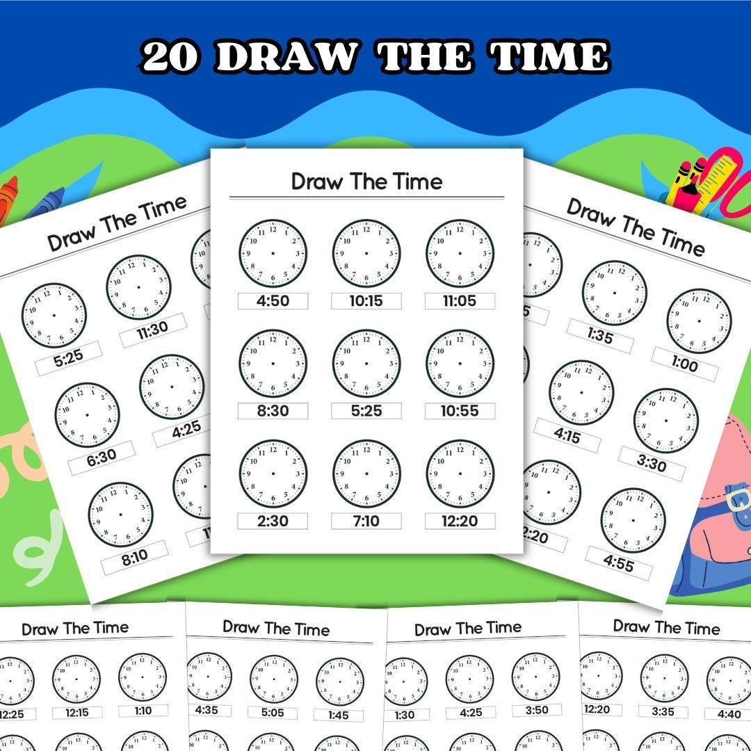 20 DRAW THE TIME Worksheet/ Clock Learning Pages, Learn to Tell Time ...