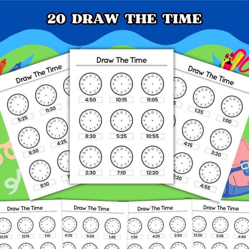 20 DRAW THE TIME Worksheet/ Clock Learning Pages, Learn to Tell Time ...