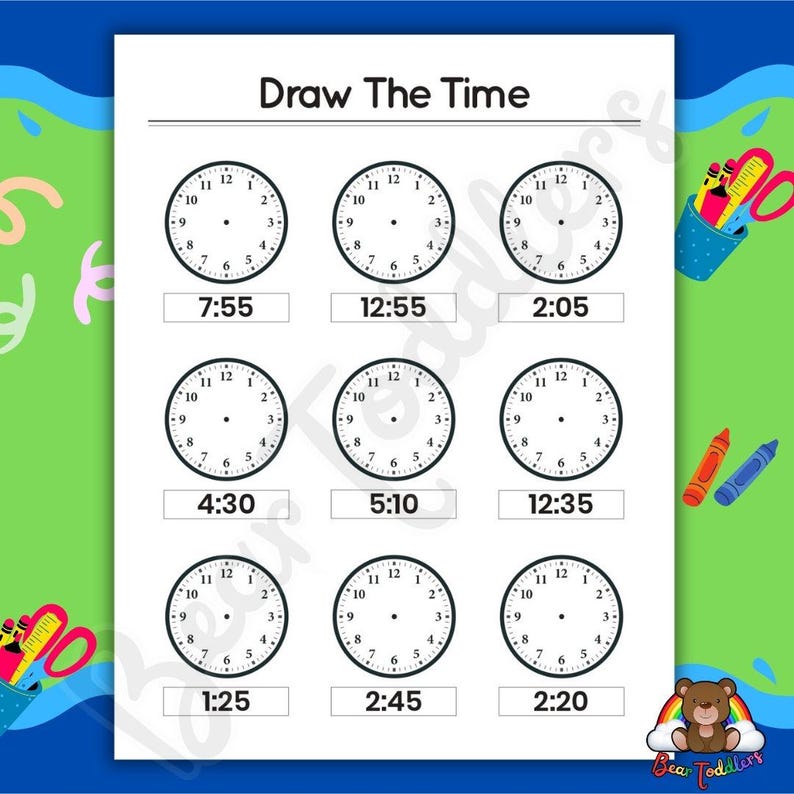 20 DRAW THE TIME Worksheet/ Clock Learning Pages, Learn to Tell Time ...