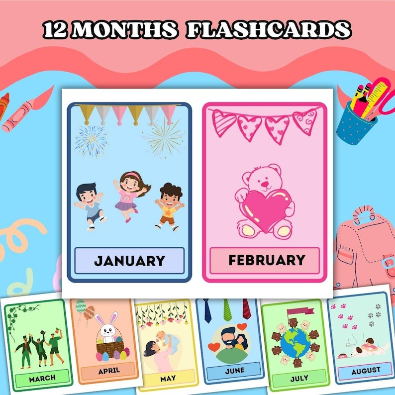 12 MONTHS Flashcards/ Printables Flashcards/ Worksheet for Kids ...