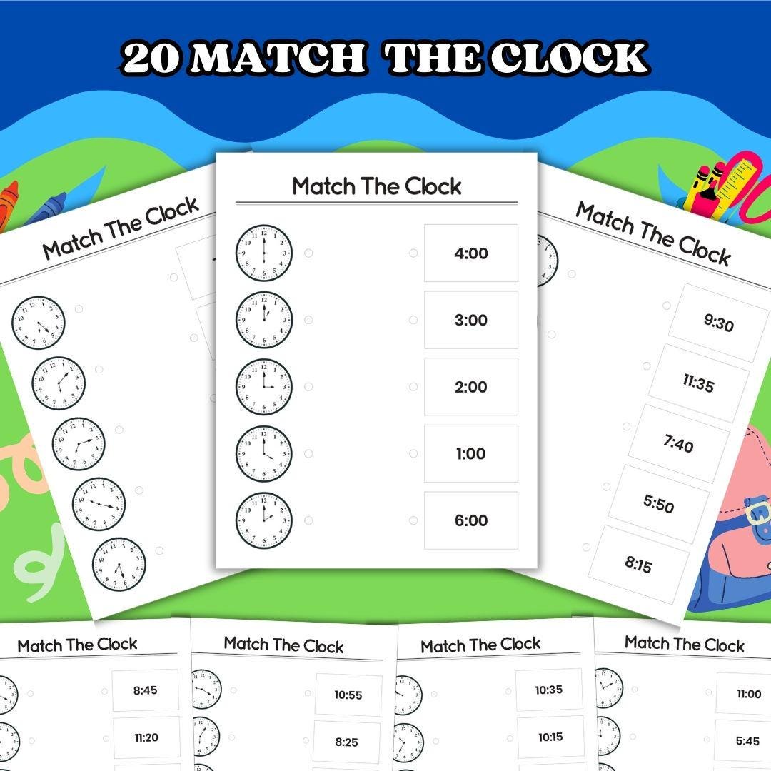 20 MATCH THE CLOCK Worksheet/ Clock Learning Pages, Learn to Tell Time ...