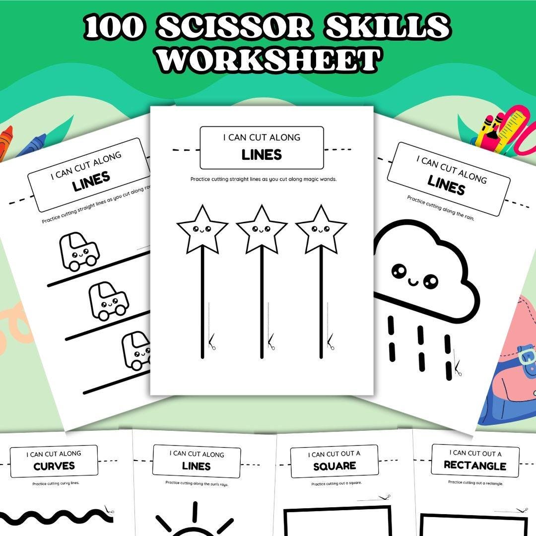 100 Scissors Skills Cutting Practice Sheets , Activity Book Kids ...
