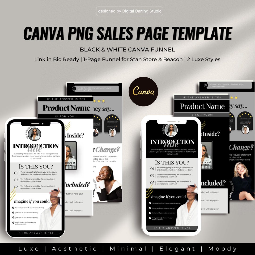 Beacons & Stan Store Sales Page Template | Black and White Canva Funnel ...