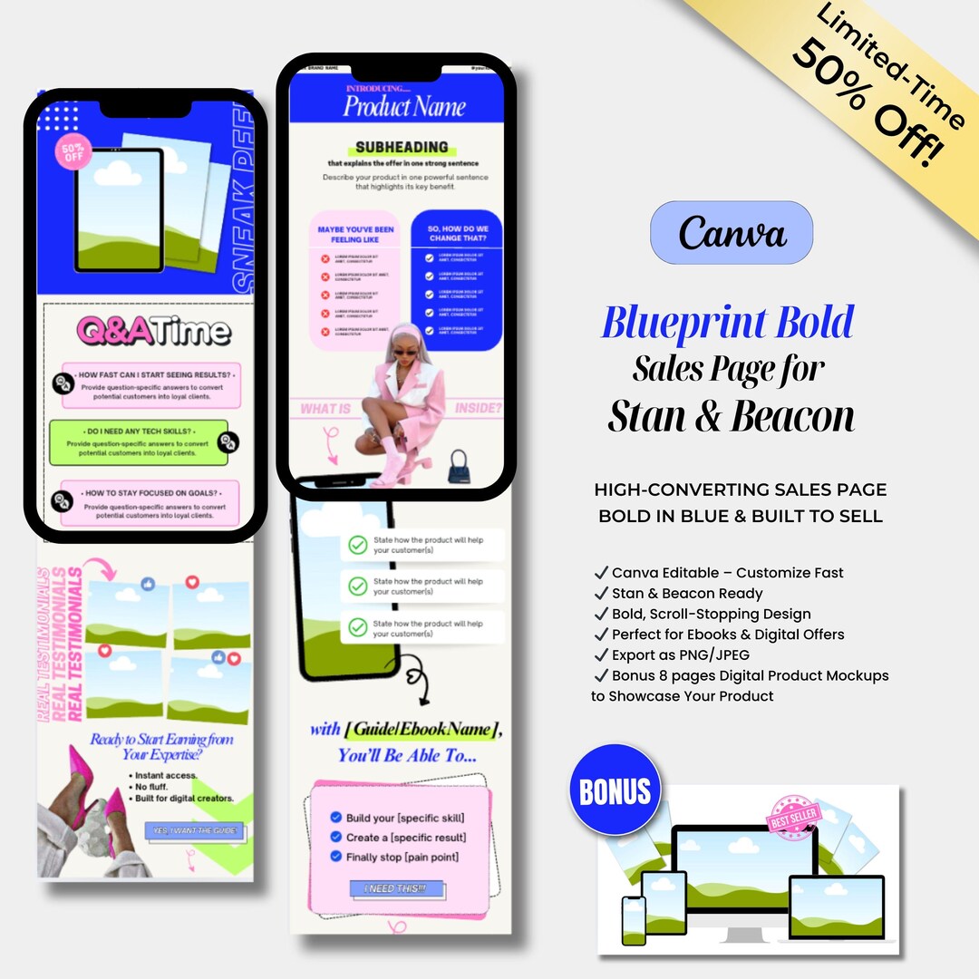 Beacons, Stan Store | Sales Page Template, Bold, Blue Funnel, High ...