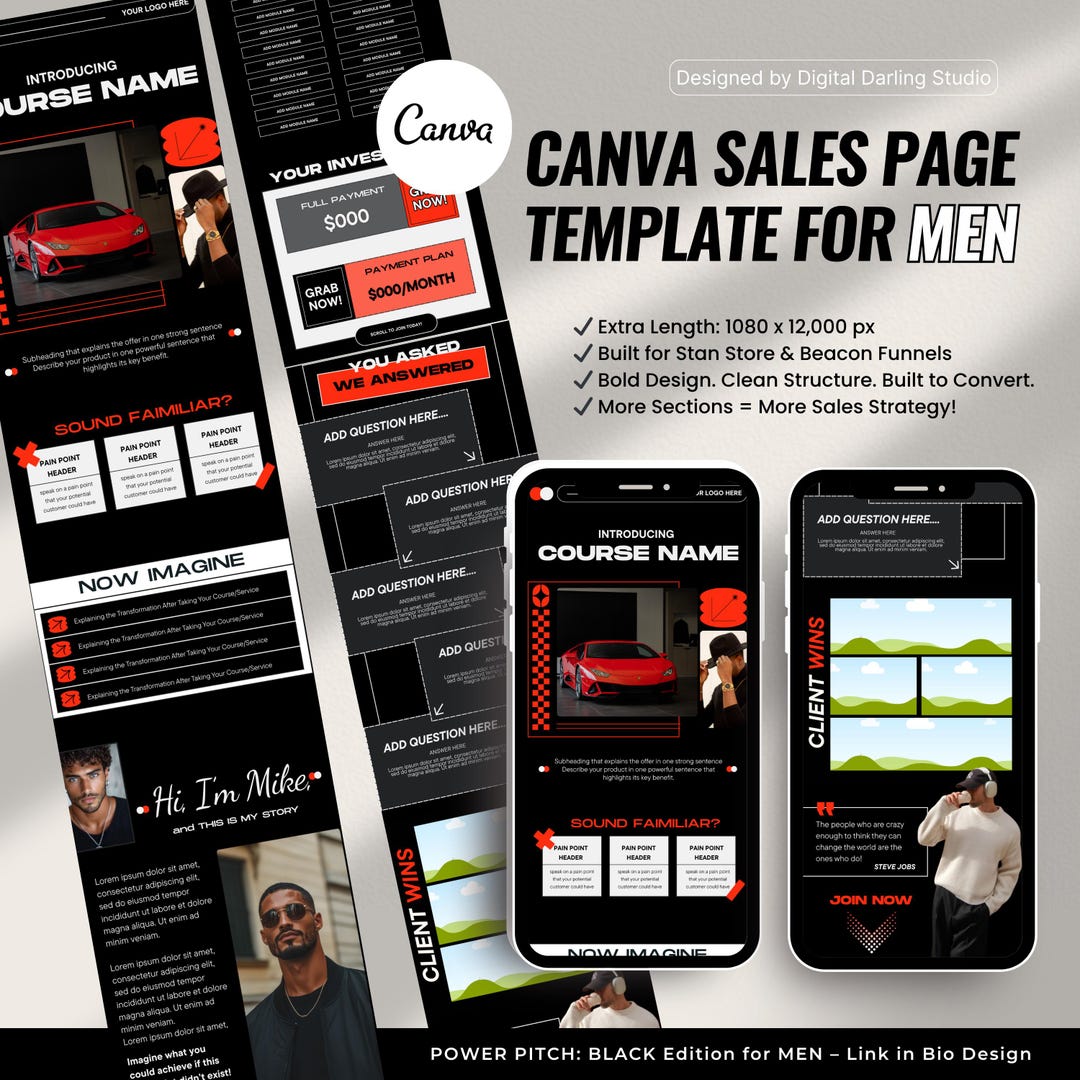 Black Sales Funnel Template for Men: Canva, Stan Store, Beacons (PNG ...