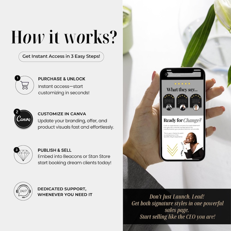 Beacons & Stan Store Sales Page Template | Black and White Canva Funnel ...