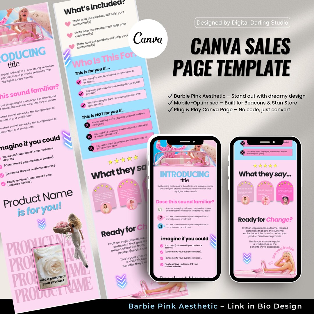 Barbie Pink Sales Page Template, Editable Canva Funnel for Beacons ...