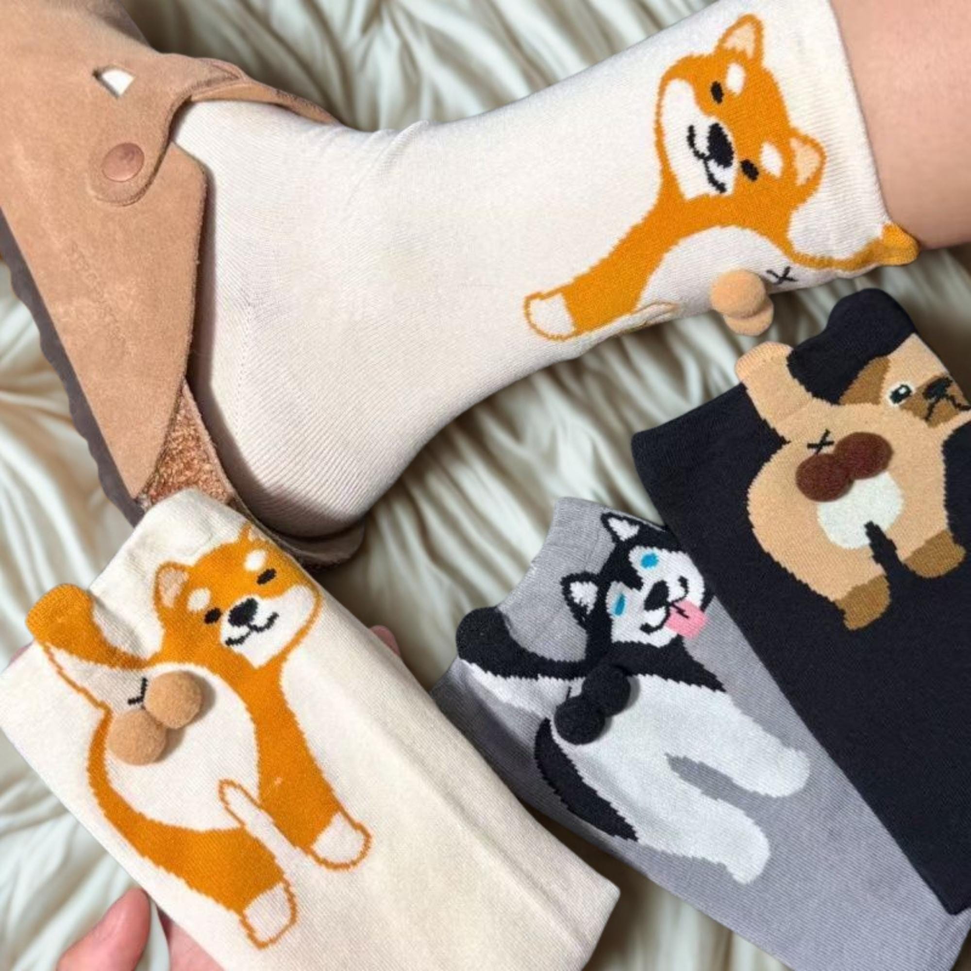 Funny Dog Socks With Pom Poms – Cute 3D Dog Tail Design, Gray & Beige ...