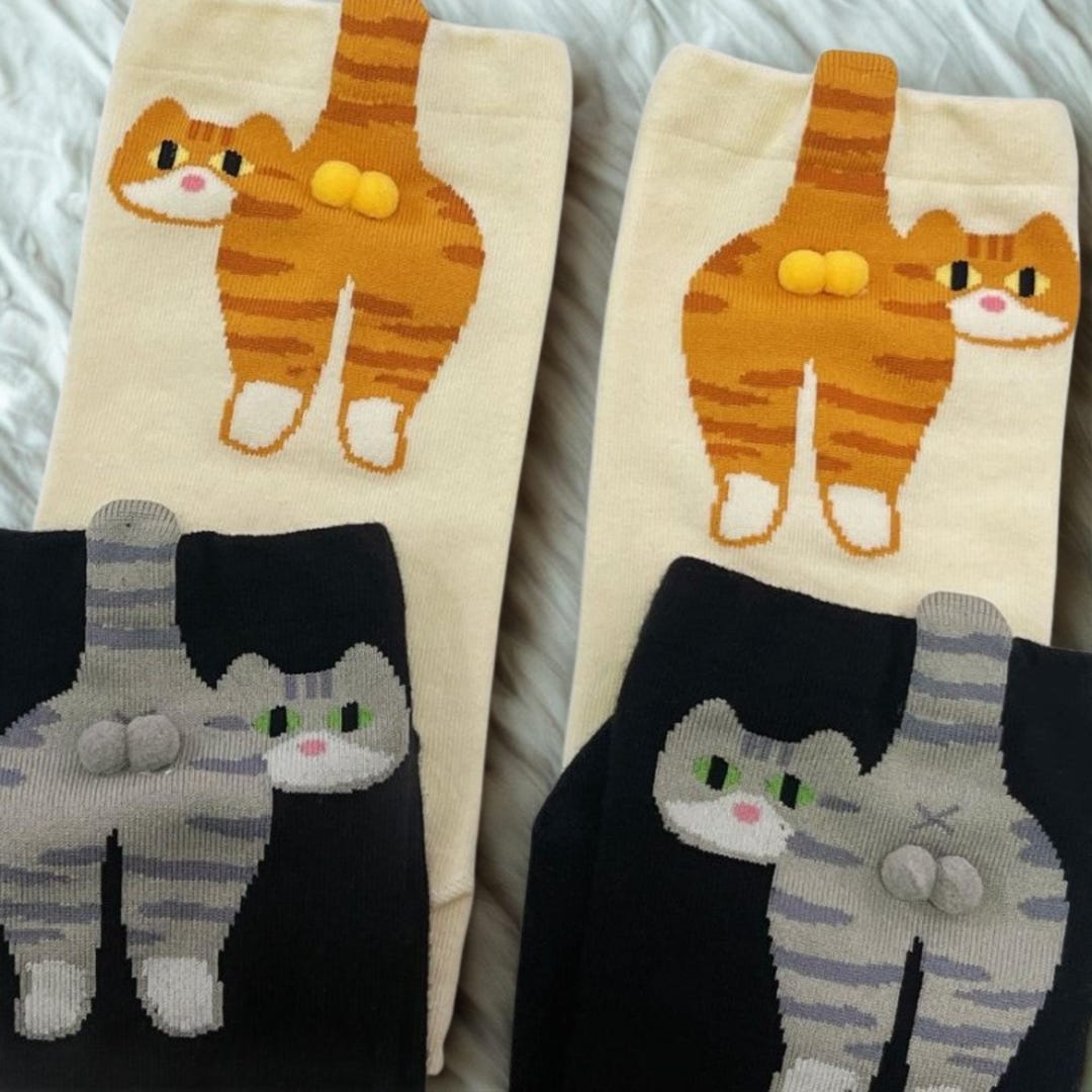 Funny Cat Socks With Pom Poms – Cute 3D Tail Cat Design | Black & White ...