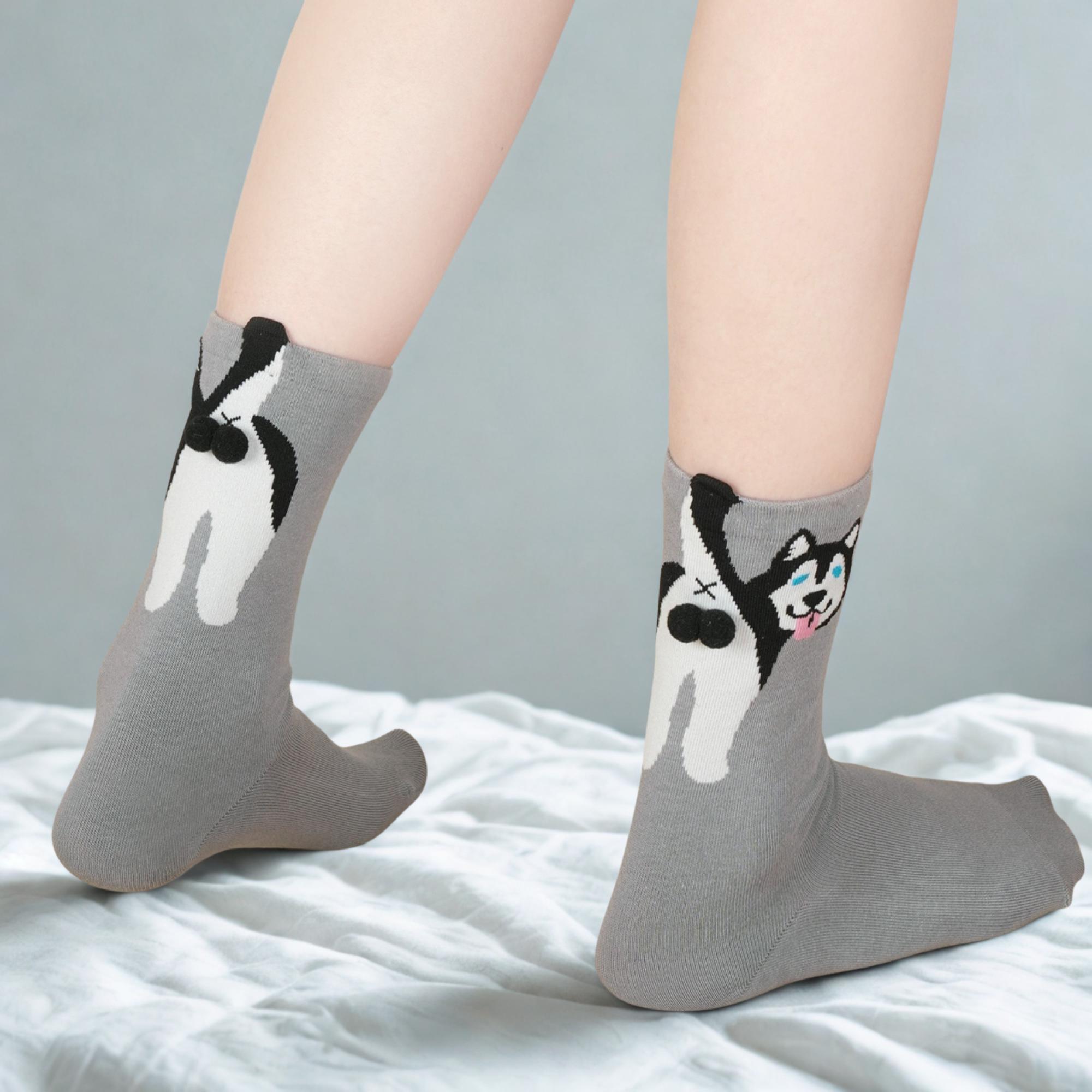 Funny Dog Socks With Pom Poms – Cute 3D Dog Tail Design, Gray & Beige ...