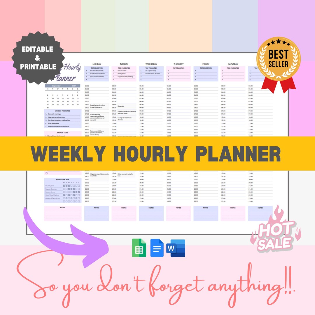 Weekly Hourly Planner EDITABLE Weekly Schedule, Daily Planner, Undated ...
