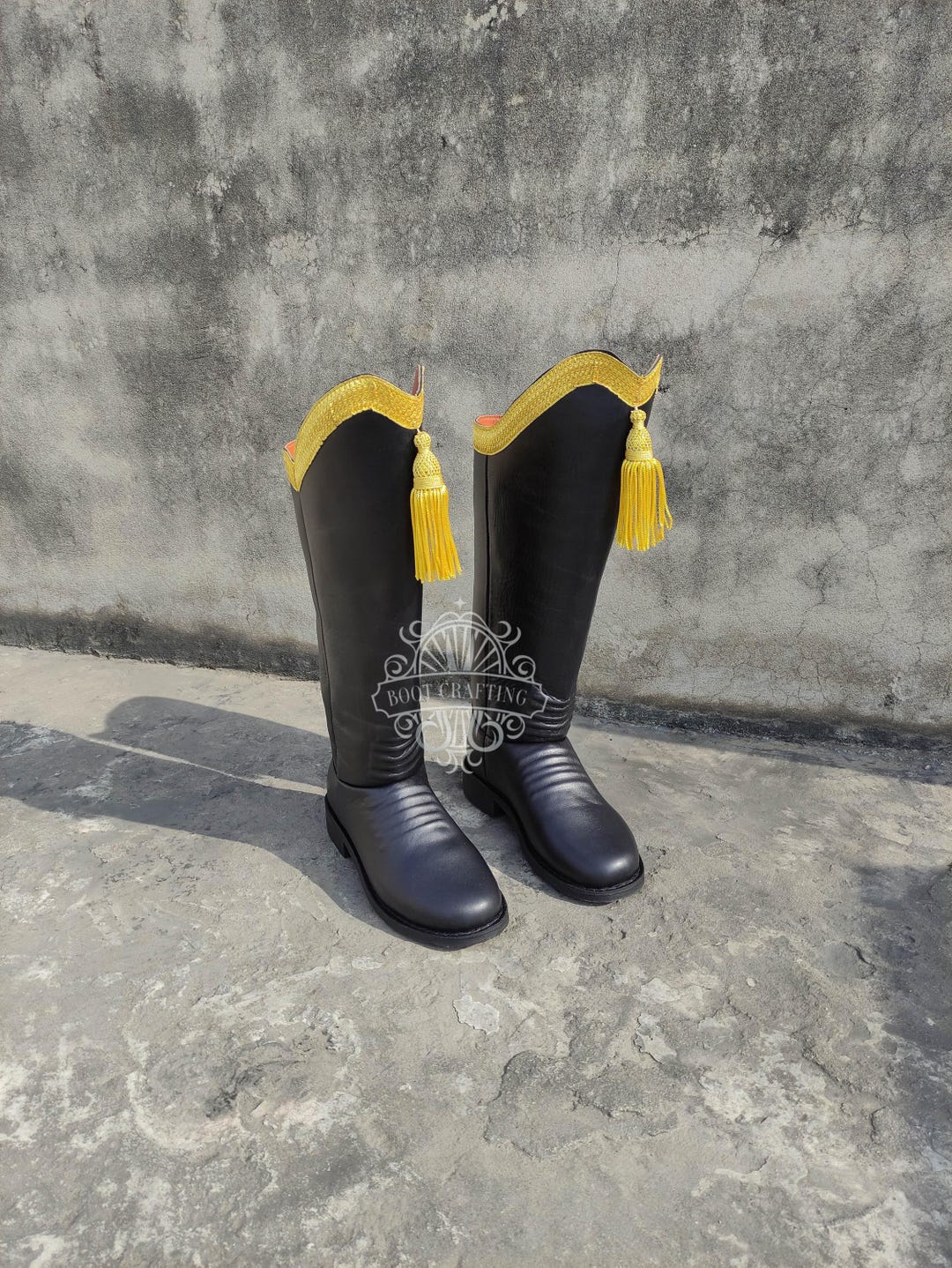 Leather Handmade Hessian Military Long Boot With Golden Tassel and Trim ...