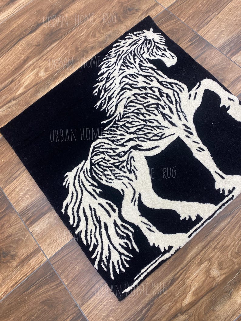3x3 Square Feet Black White Horse Area Rug, Horse Art Animal - Etsy