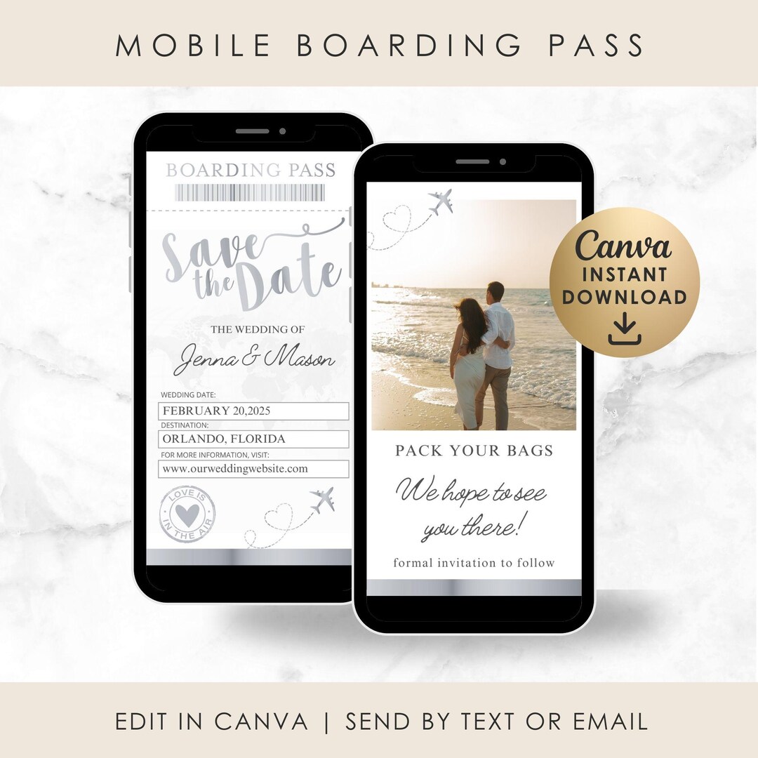 Digital Boarding Pass Save the Date: Silver Video Invitation (canva ...