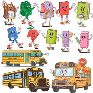 Retro School Characters Cartoon Bundle PNG, Back to School Supplies ...